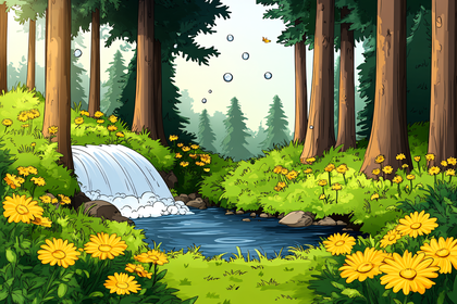 Free Download Cartoon Forest Scene with Waterfall and Yellow Flowers