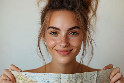 Free Download Smiling Girl with Freckles Holding Vintage Map