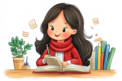 Free Download Cheerful Cartoon Girl Studying with Books and Plant