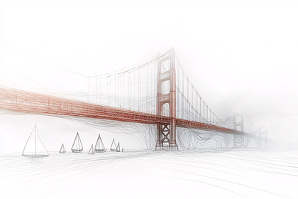 Free Download Line Art of Golden Gate Bridge with Sailboats, San Francisco