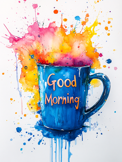 Free Download Blue Mug with Watercolor Splash and Good Morning Text
