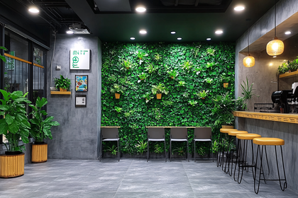 Free Download Modern Cafe Interior with Green Plant Wall