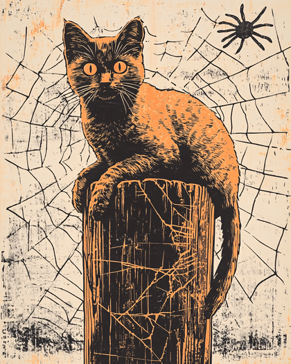Free Download Vintage Halloween Black Cat and Spider Graphic