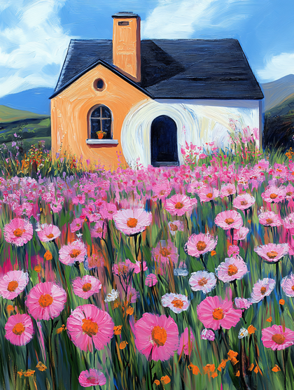 Free Download House in Flower Field Painting