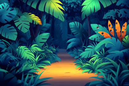 Free Download Cartoon Jungle Path with Lush Greenery and Sunlight