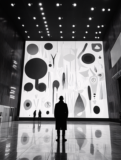 Free Download Man Contemplating Black and White Abstract Art in Museum