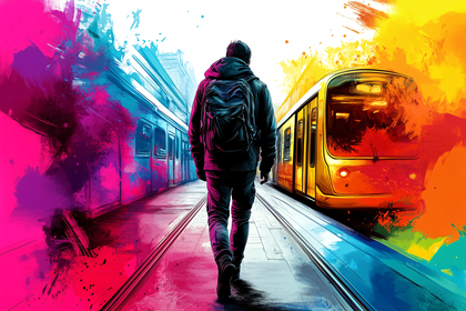 Free Download Man with Backpack Walking Towards Train – Digital Art