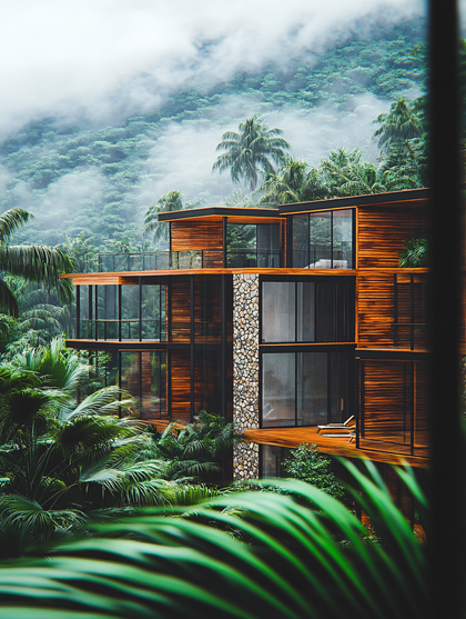 Free Download Modern Wooden Building in Tropical Forest with Mist