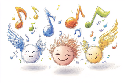 Free Download Whimsical Illustration of Musical Notes and Smiling Angels
