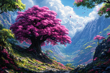 Free Download Pink Blossom Tree in Mountain Valley Landscape