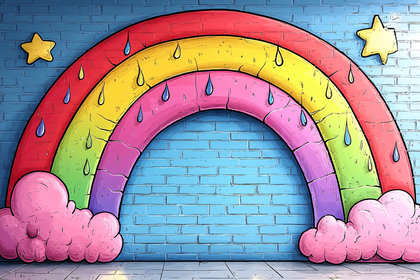 Free Download Cartoon Rainbow and Clouds on Brick Wall Background