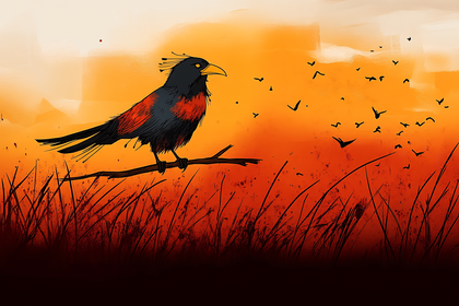 Free Download Raven on Branch at Sunset Silhouette Digital Art