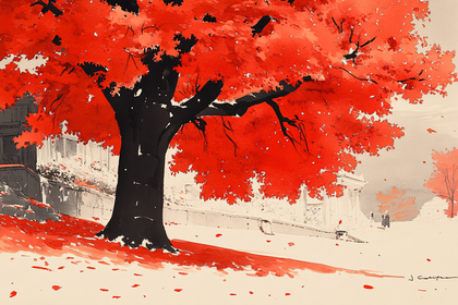 Free Download Red Tree in Autumn Watercolor Painting