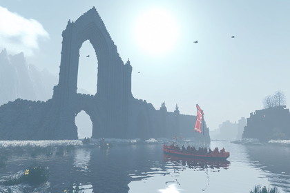 Free Download Misty Minecraft Landscape with Red Boat and Ruined Castle
