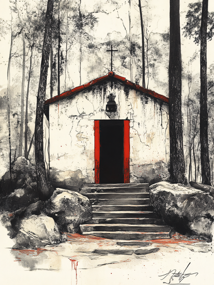 Free Download Eerie Red Chapel in Dark Forest Illustration