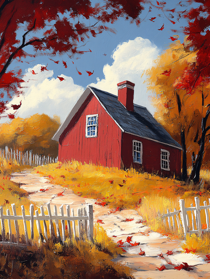 Free Download Red Country House in Autumn Landscape Painting with White ...