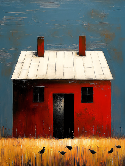Free Download Red House in Field with Birds, Oil Painting Style