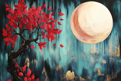 Free Download Red Leaf Tree Full Moon Night Painting