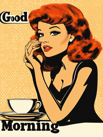 Free Download Retro Style Woman with Coffee Cup Saying Good Morning