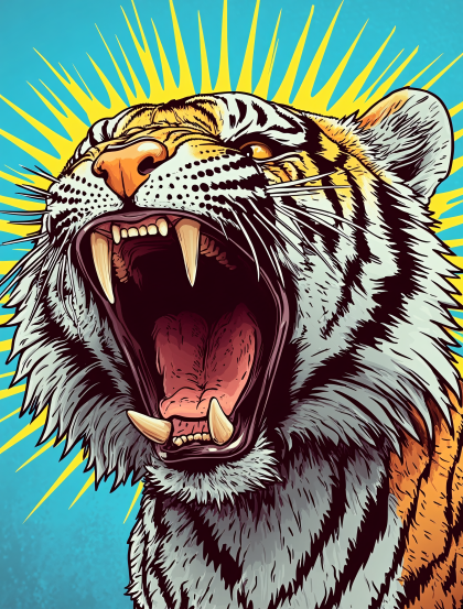 Free Download Vector Illustration of Roaring Tiger Head on Blue and Yellow Background