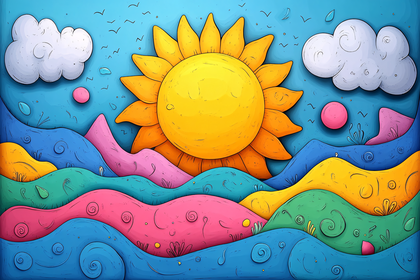 Free Download Cartoon Sunny Landscape with Colorful Hills