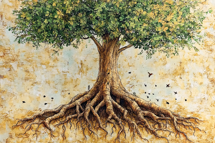 Free Download Tree of Life Painting with Exposed Roots and Birds Flying