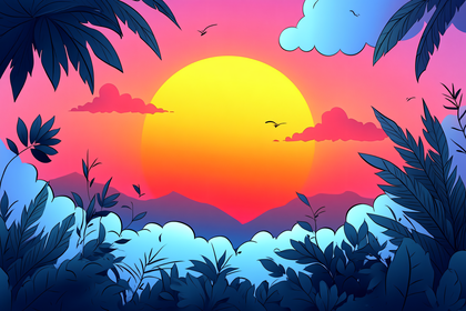 Free Download Vector Tropical Sunset Illustration with Palm Trees and Birds
