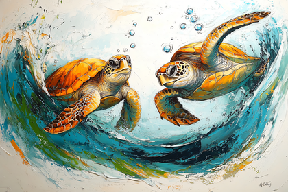 Free Download Two Sea Turtles Swimming in Ocean Painting