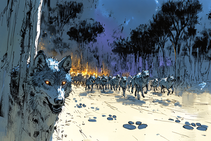 Free Download Wolf Pack Running in Dark Forest with Glowing Eyes