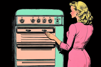 Free Download Vintage Woman Opening Oven Illustration Retro Kitchen ...
